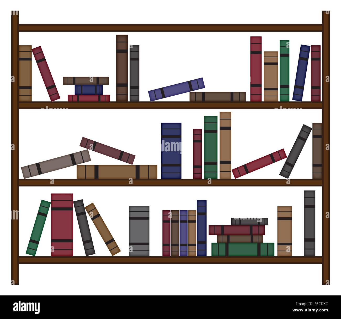A busy bookshelf design with various books isolated on a white ...