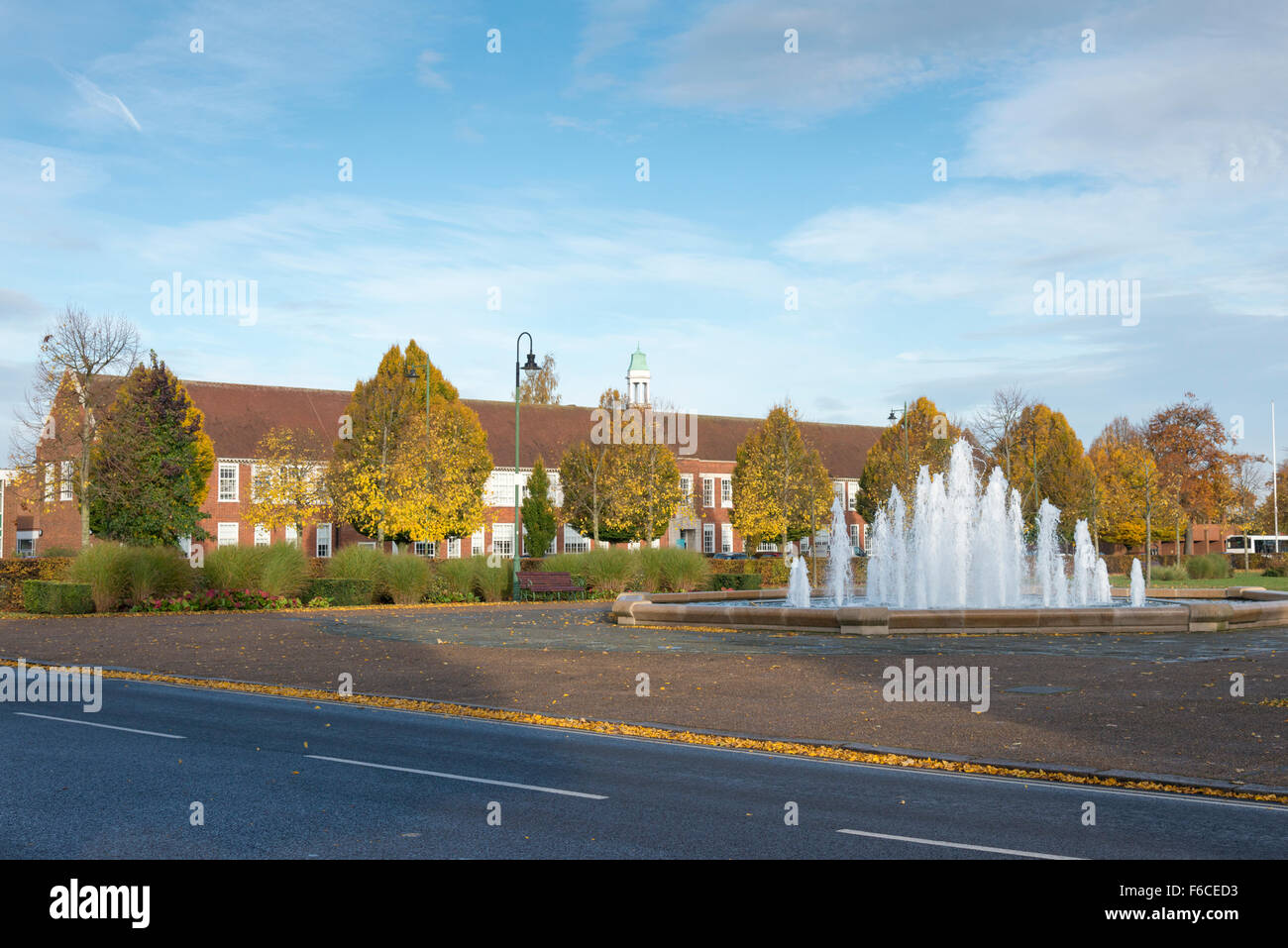 A fountain and view across a park and garden in Letchworth Garden City ...