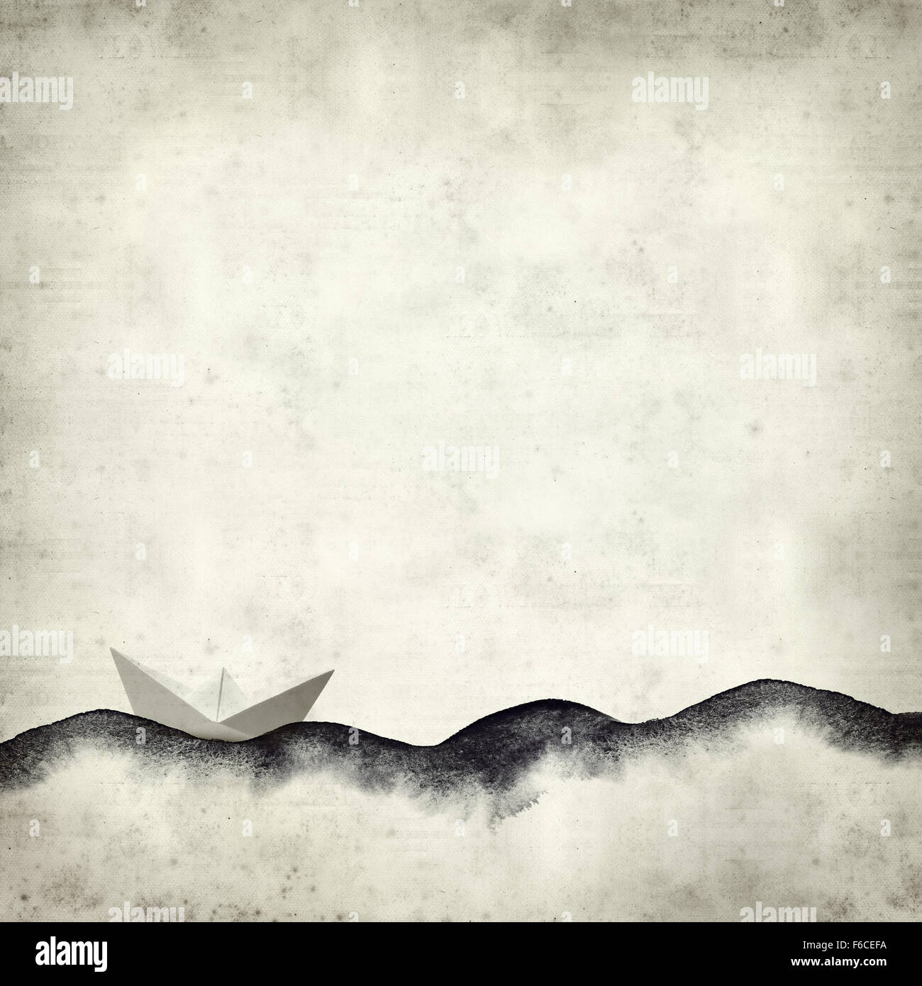 textured old paper background with watercolor waves and paper boat ...