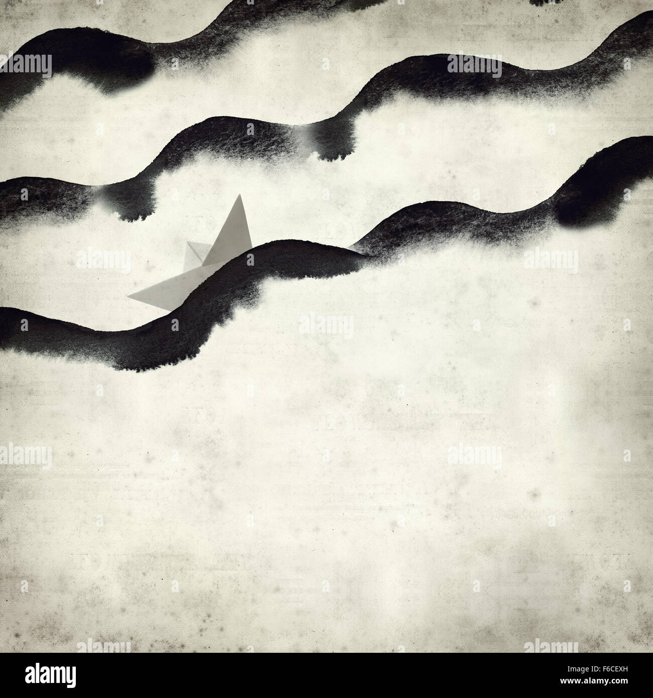 textured old paper background with watercolor waves and paper boat ...