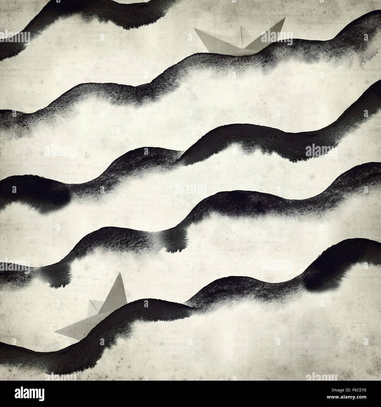textured old paper background with watercolor waves and paper boat ...