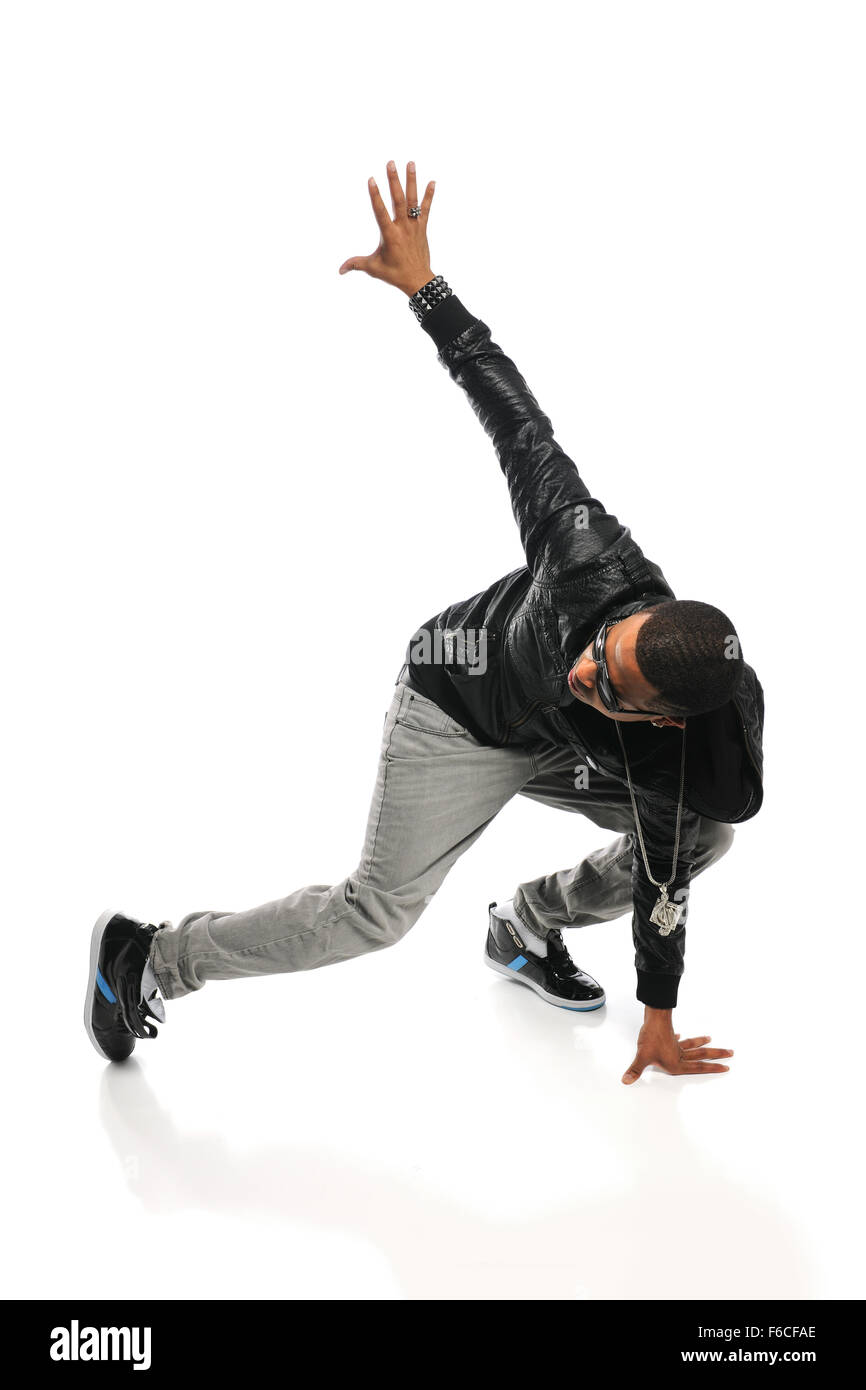 African American hip hop dancer performing isolated over white ...