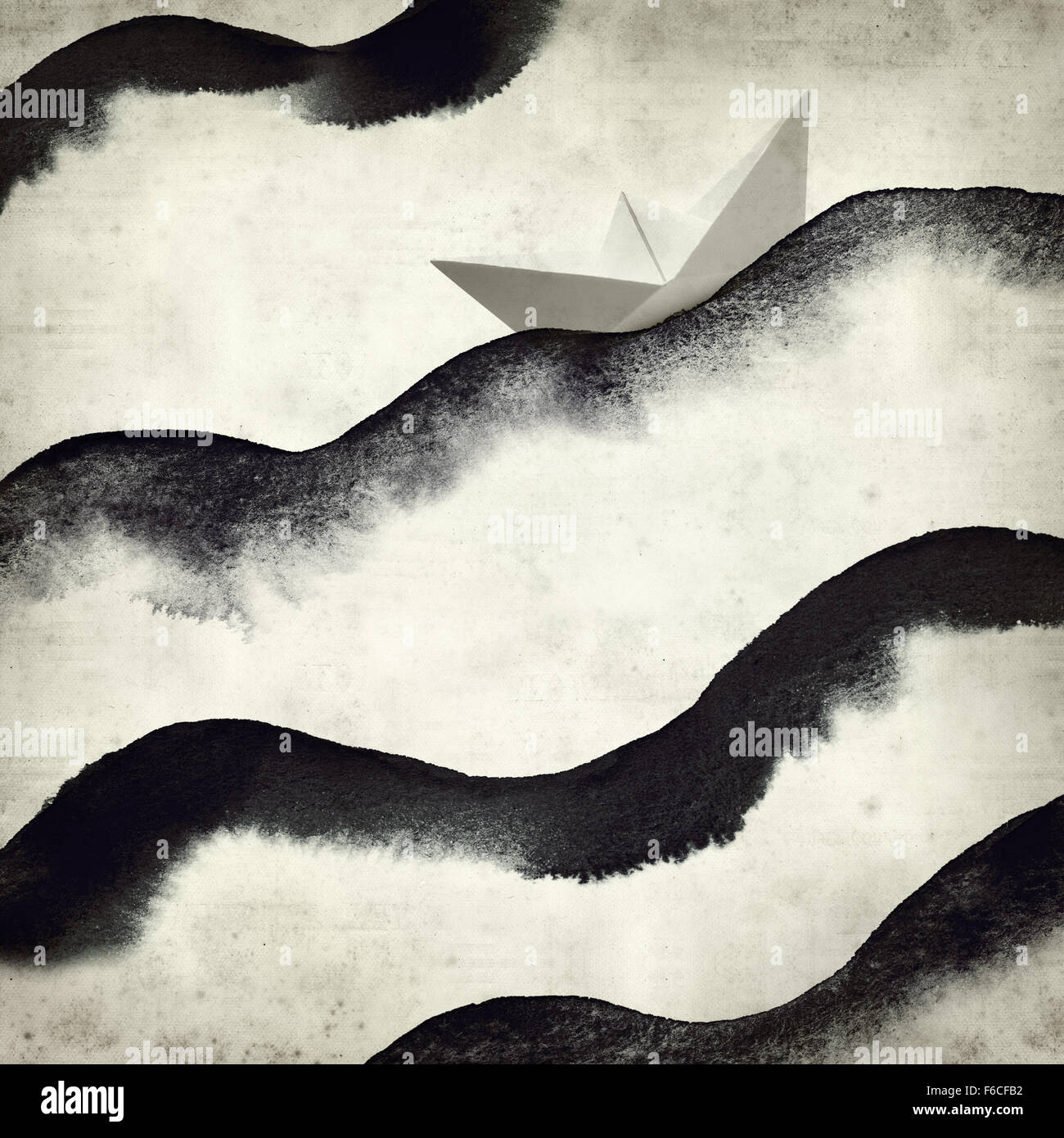 textured old paper background with watercolor waves and paper boat ...