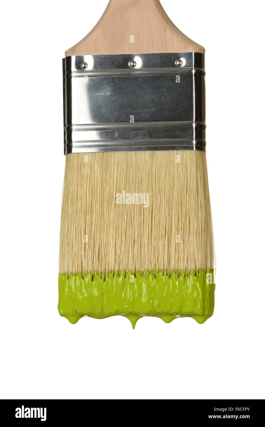 Close up of paintbrush dripping paint isolated over white background ...