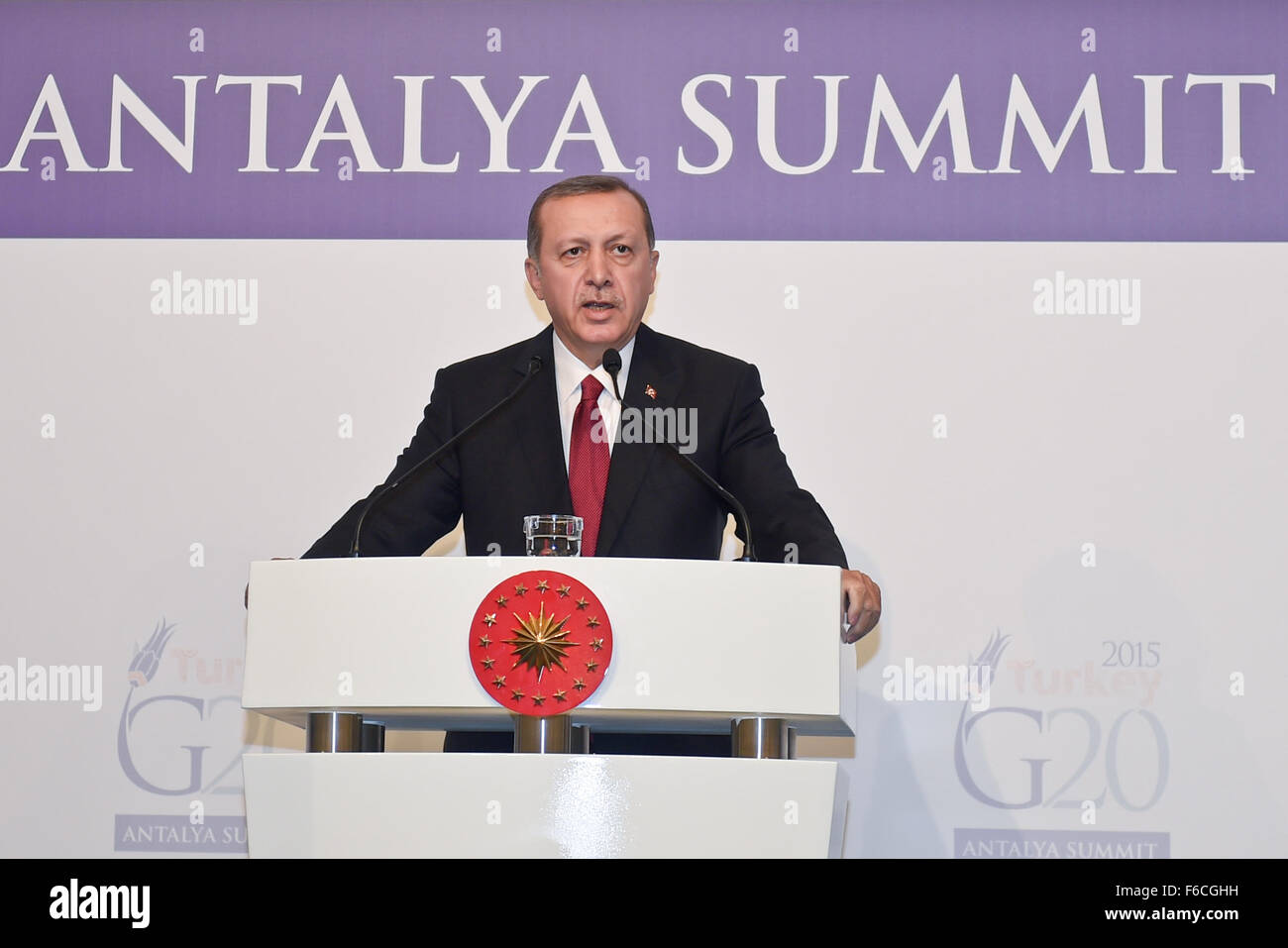 Antalya, Turkey. 16th Nov, 2015. Turkish President Recep Tayyip Erdogan ...
