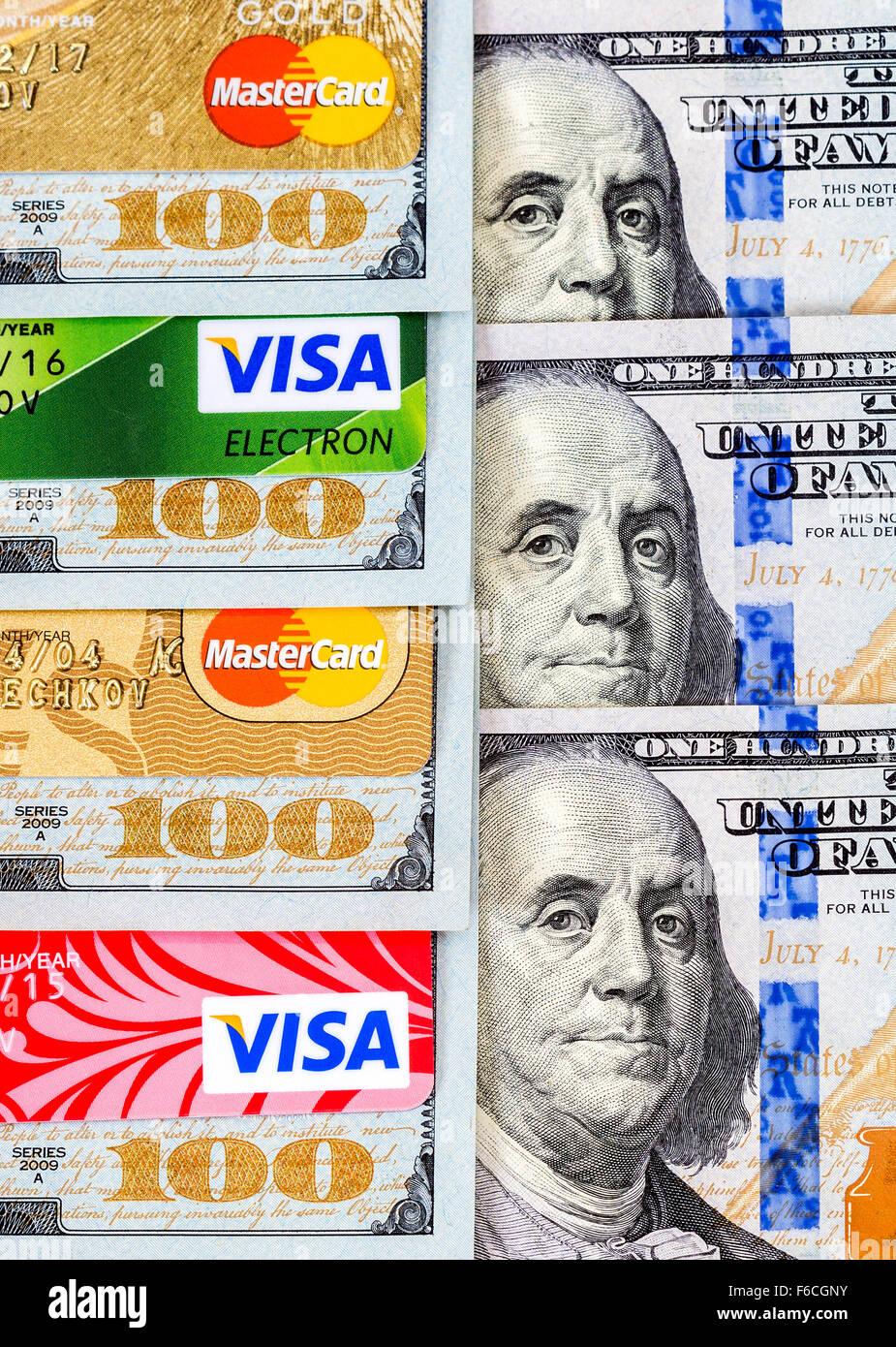 Visa and MasterCard, credit, debit and electronic with US dollar bills ...