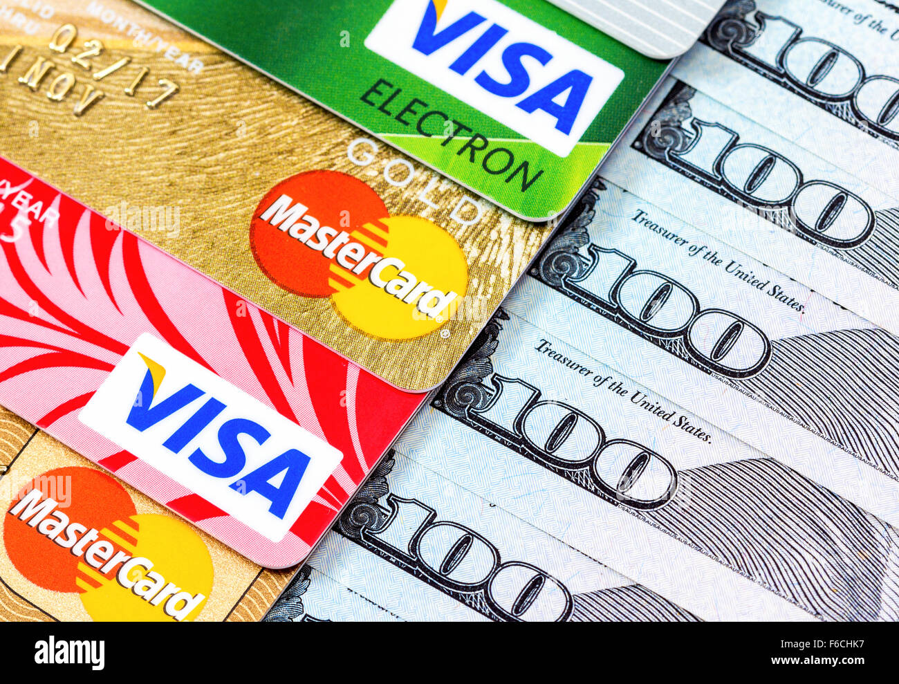 Visa and MasterCard, credit, debit and electronic with US dollar bills ...