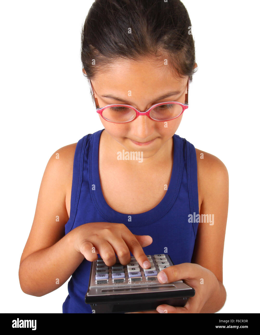 Little girl with calculator on white background Stock Photo - Alamy