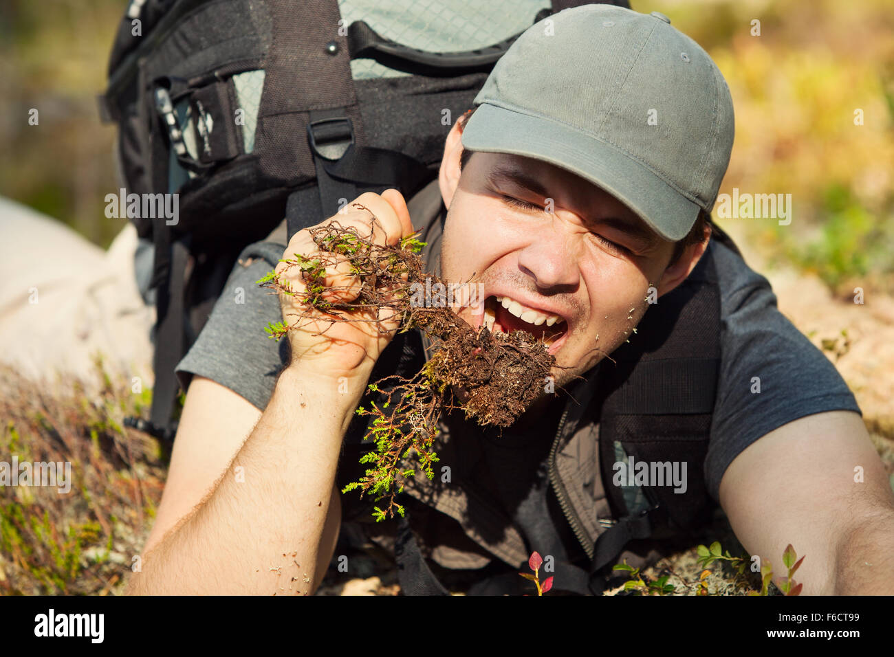 Young hungry man tourist surviving by eating grass and roots in forest ...