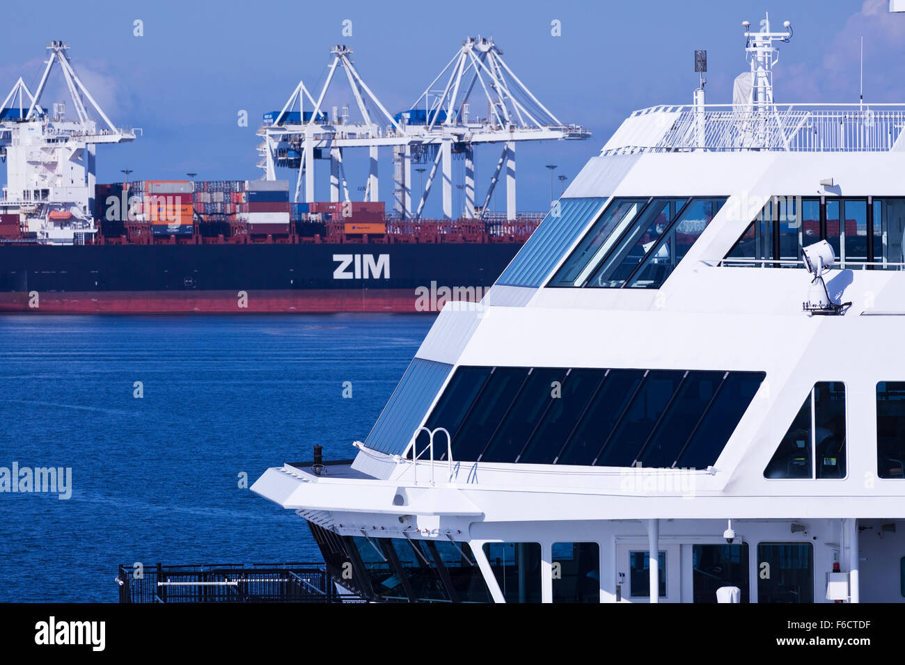 BC Ferry at terminal with container port in background, Tsawwassen ...