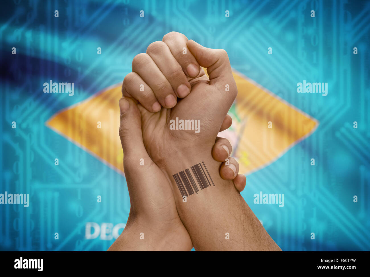 Barcode ID number tattoo on wrist of dark skinned person and USA states ...