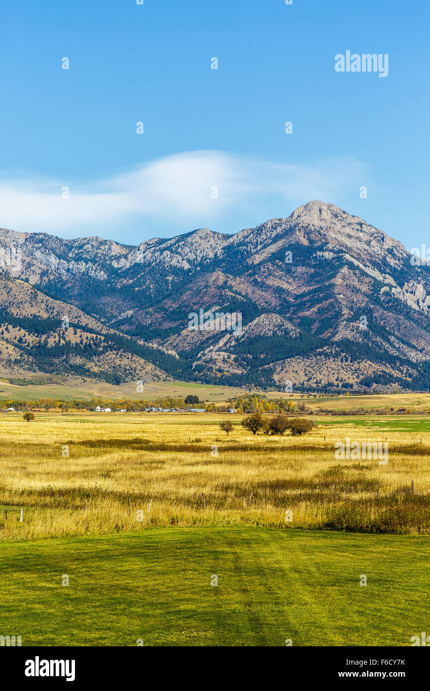 Beautiful autumn fields at the foot of the Bridger mountain range in ...