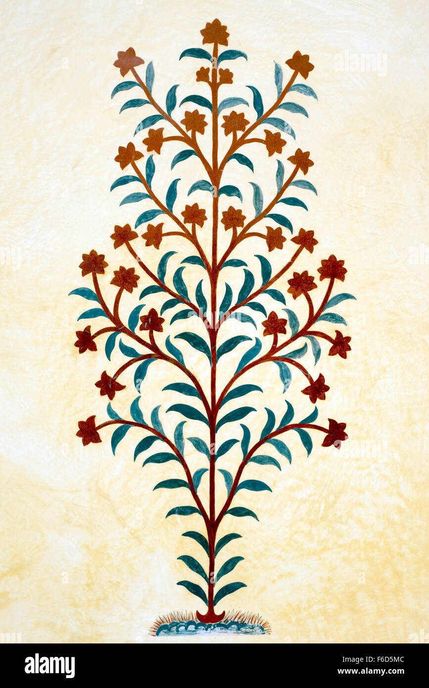 Floral painting on wall of singh pol, amer fort, jaipur, rajasthan ...