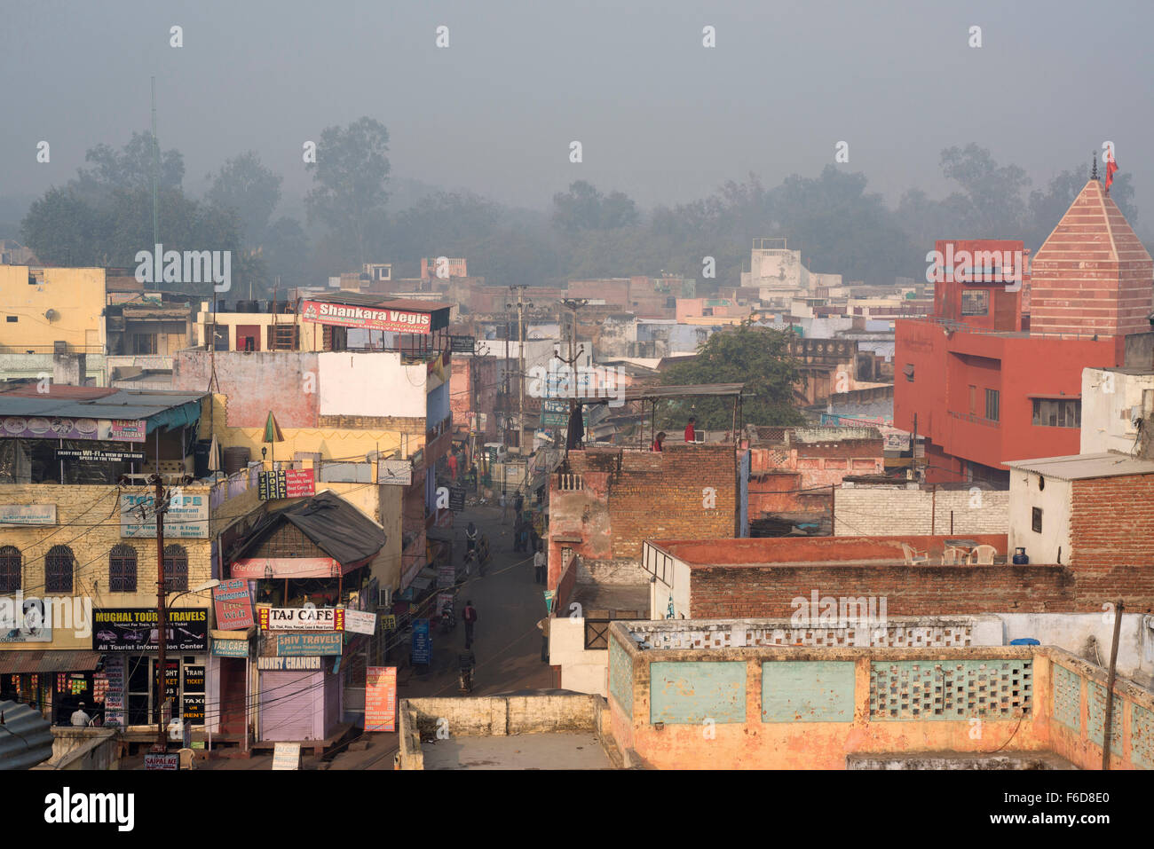 Aerial view of houses road temple, agra, uttar pradesh, india, asia ...