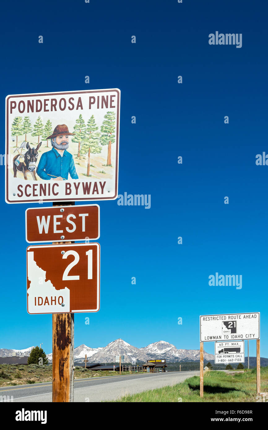 Idaho, Stanley, Ponderosa Pine Scenic Byway sign, Highway 21 Stock ...