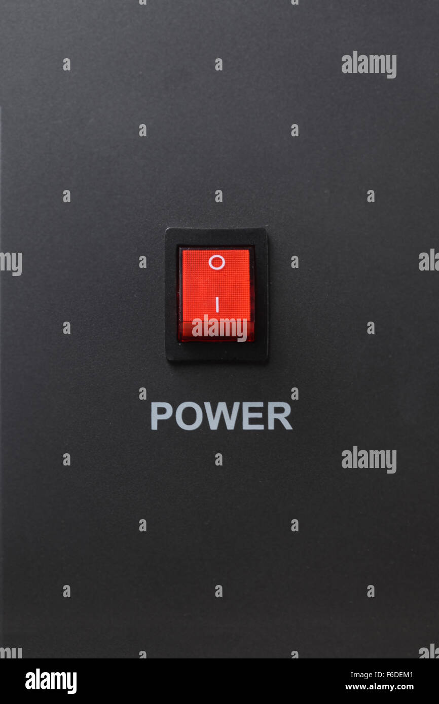 Red power switch in off position with power letter on on metallic color ...