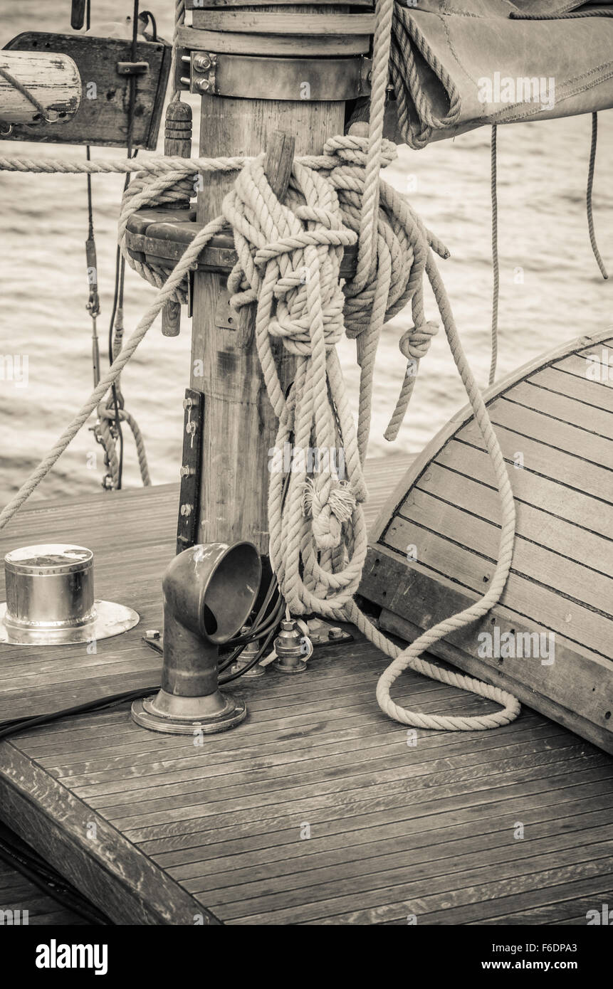 Blocks and rigging of an old sailboat, close-up Stock Photo - Alamy