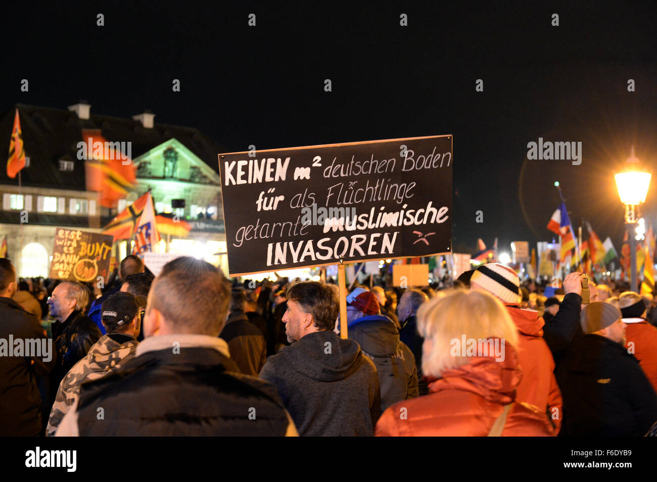 Dresden, Germany. 16th Nov, 2015. A supporter of far-right group Pegida ...