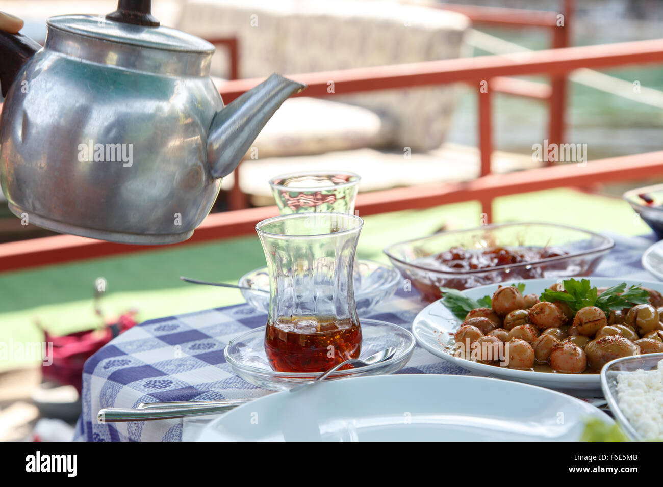 Close up detailed view of Turkish style rich and delicious breakfast ...