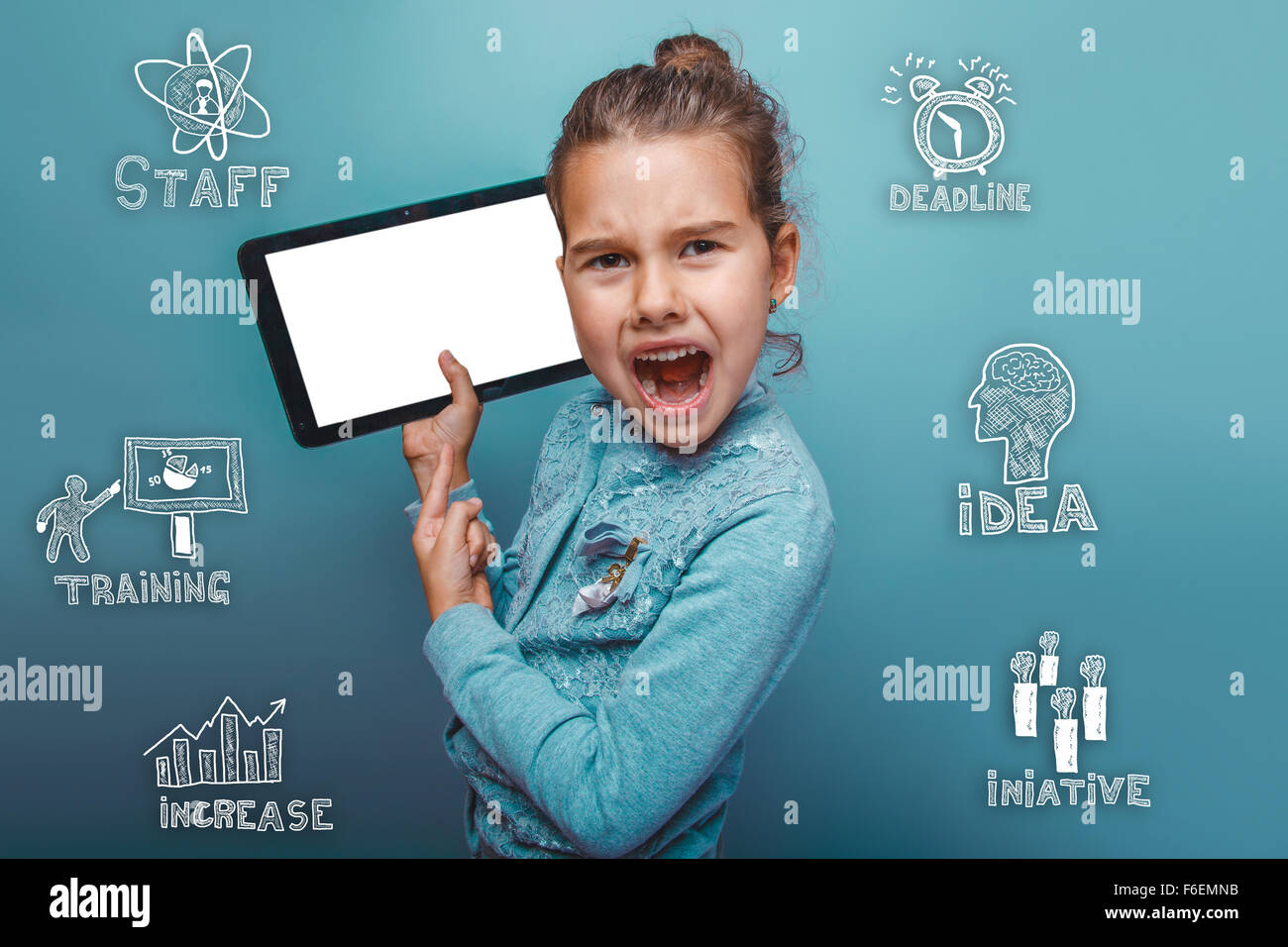 teen girl holding a tablet pointed at him and yelled angry sketc Stock ...