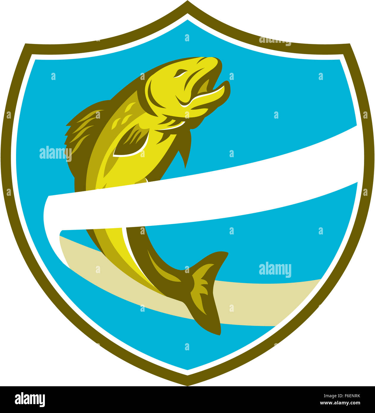 Illustration of a trout fish jumping over ribbon set inside shield ...