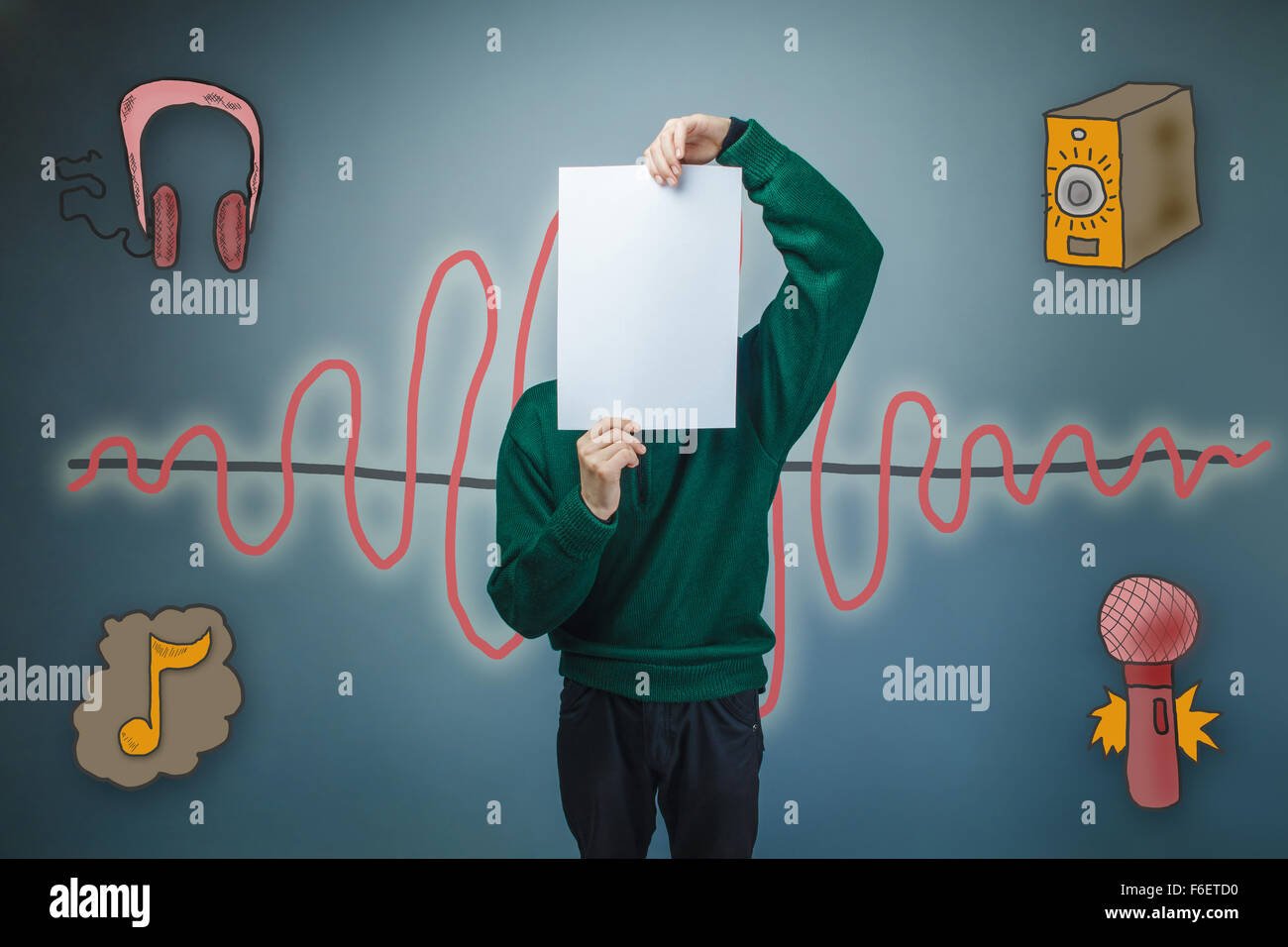 teenager boy face close white paper sound wave music radio sketc Stock ...