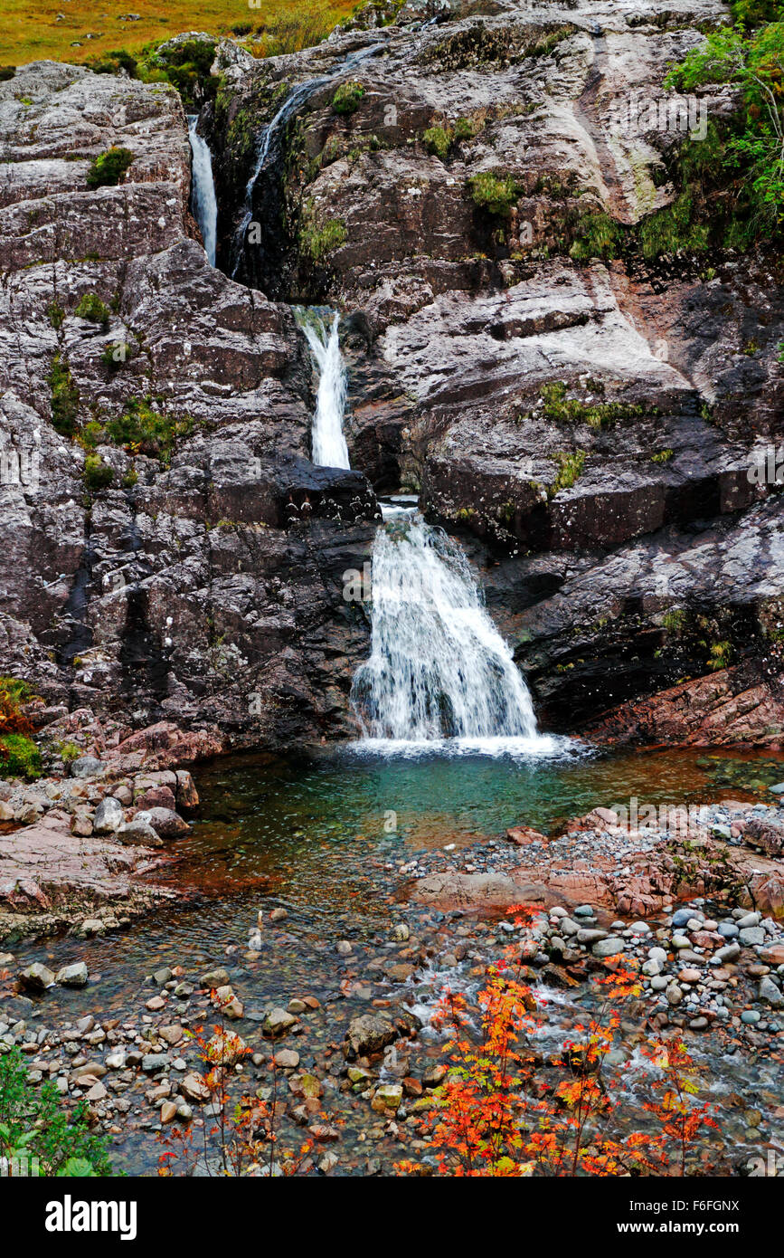 A view of a three tier waterfall by the A82 road in Glen Coe, Argyll ...