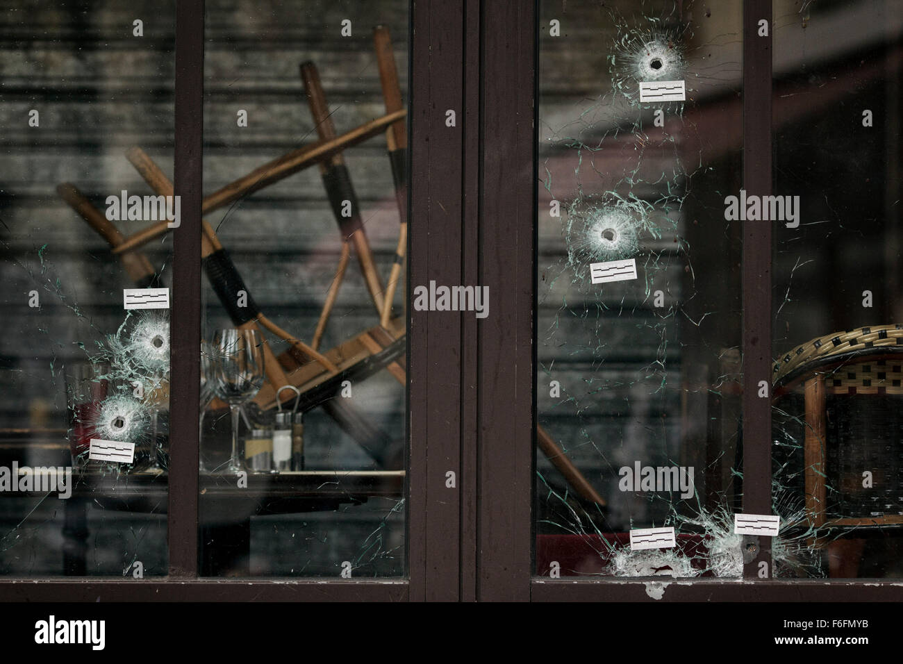 Paris, France. 16th November, 2015. Bullet holes remain intact on the ...