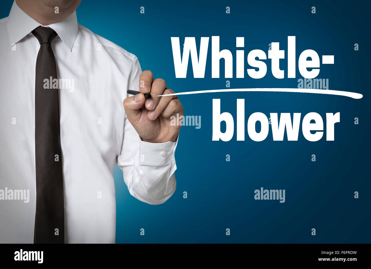 Whistleblower is written by businessman background concept Stock Photo ...