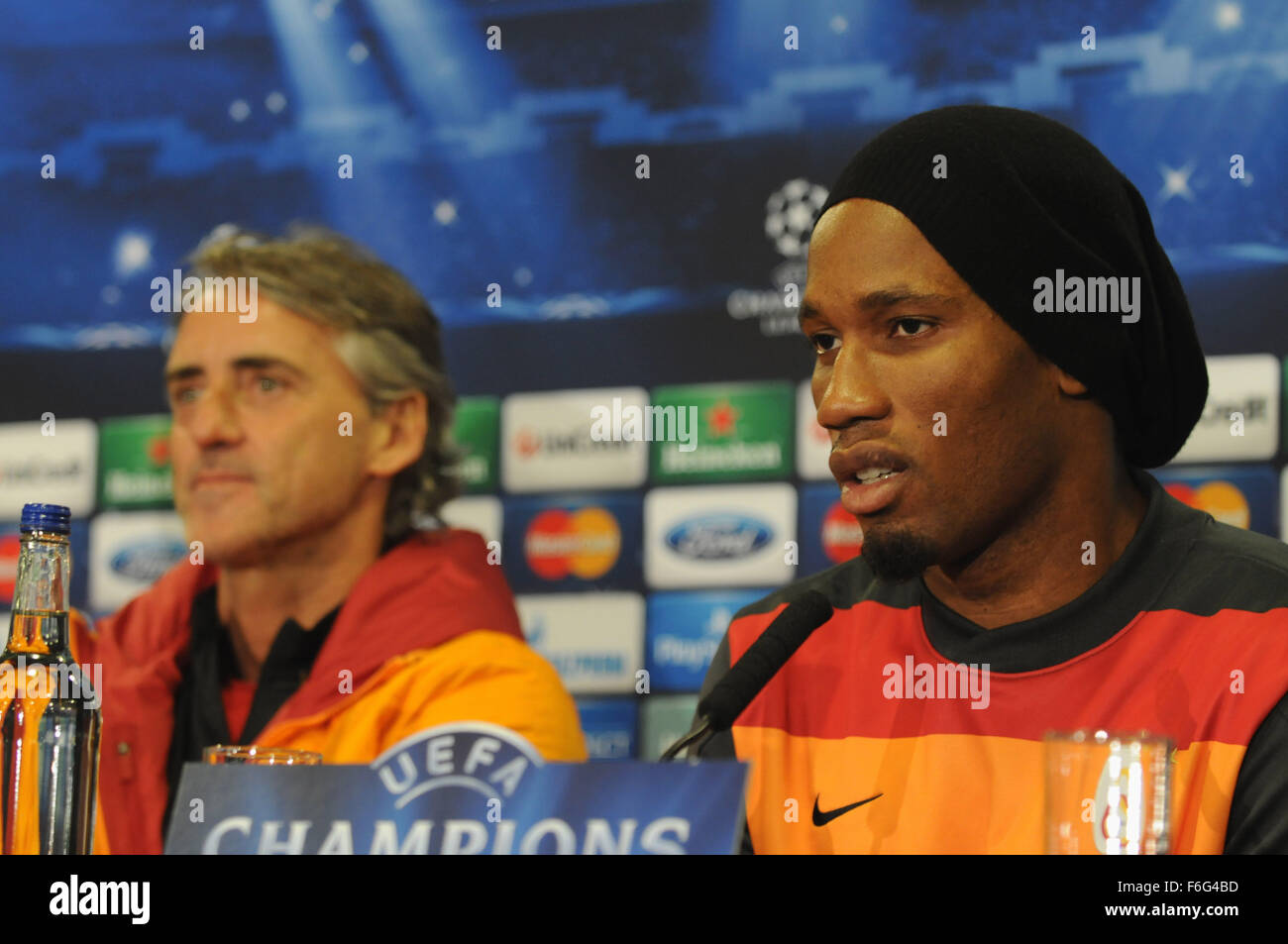 London. UK. Didier Drogba with manager Roberto Mancini at the press ...