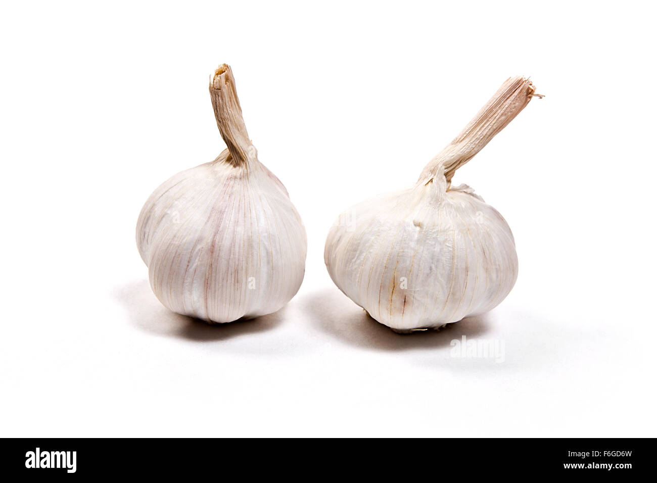 Close up view of two garlic bulbs arranged on a white background Stock ...