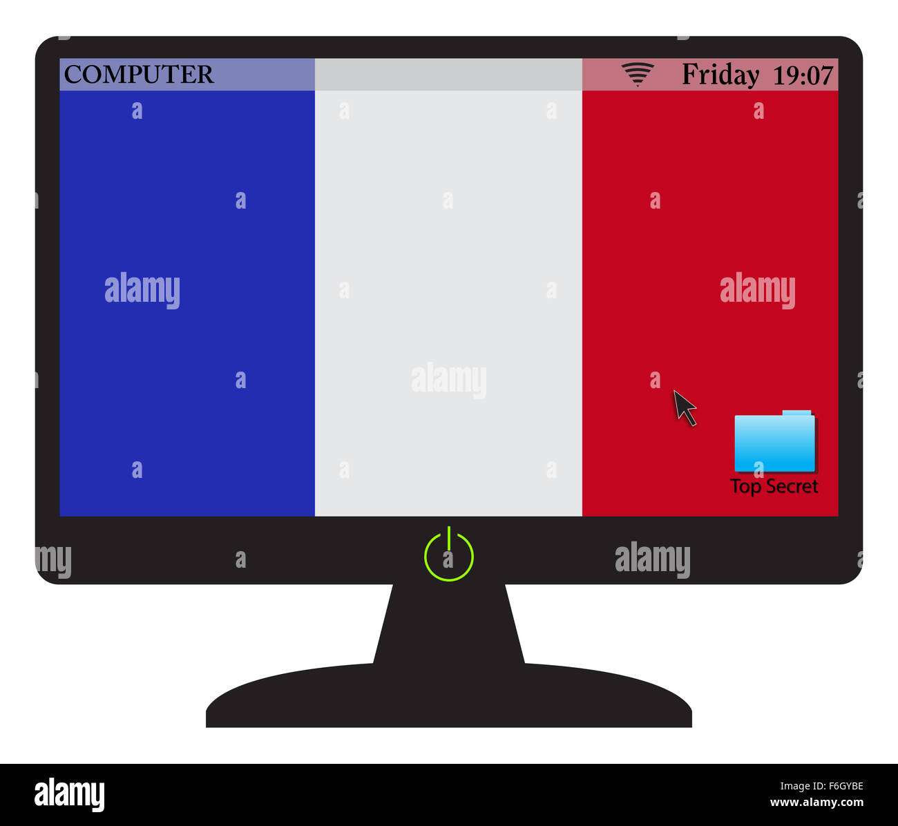 A French computer screen silhouette with an on button isolated on a ...