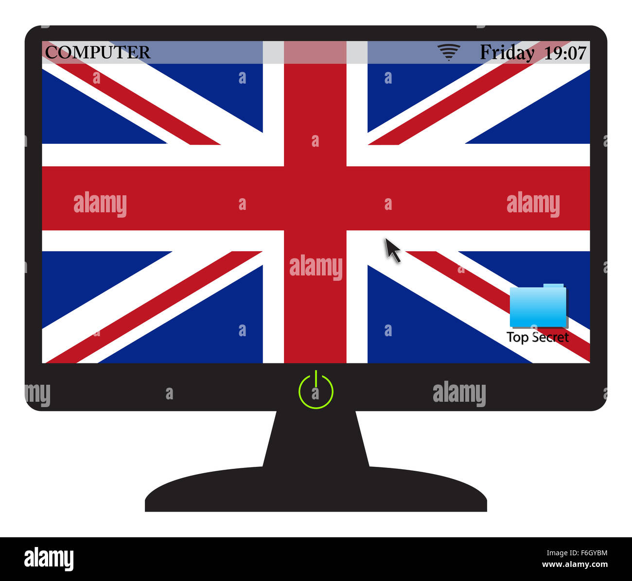 A UK computer screen with an on button isolated on a white background ...