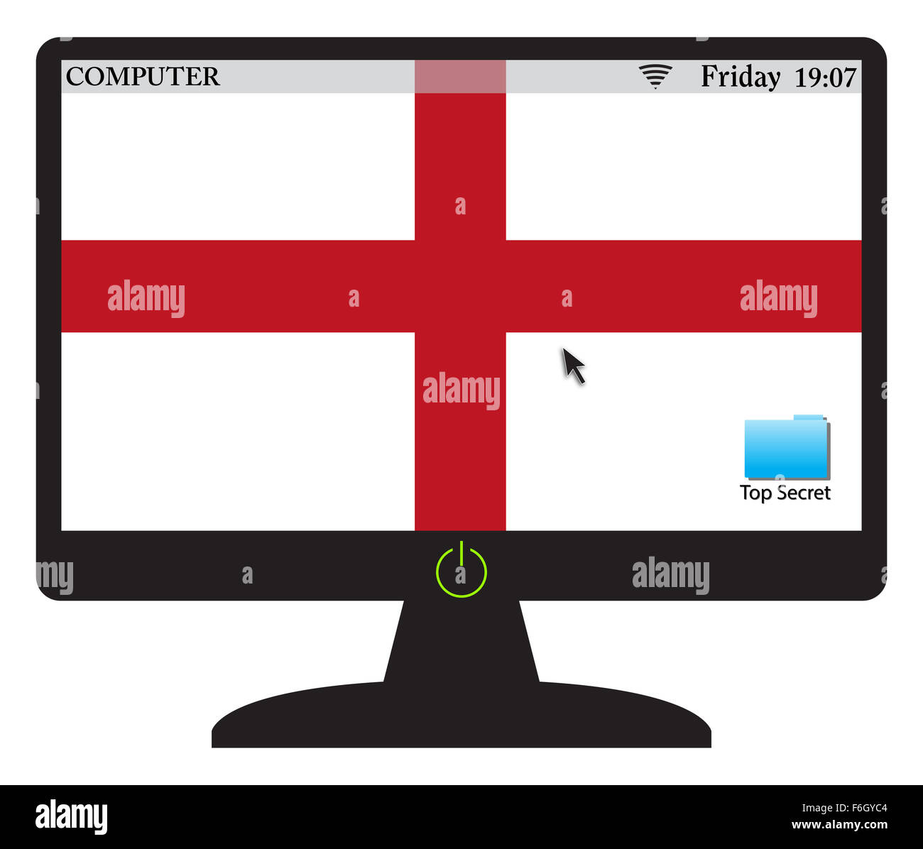 An English computer screen with an on button isolated on a white ...