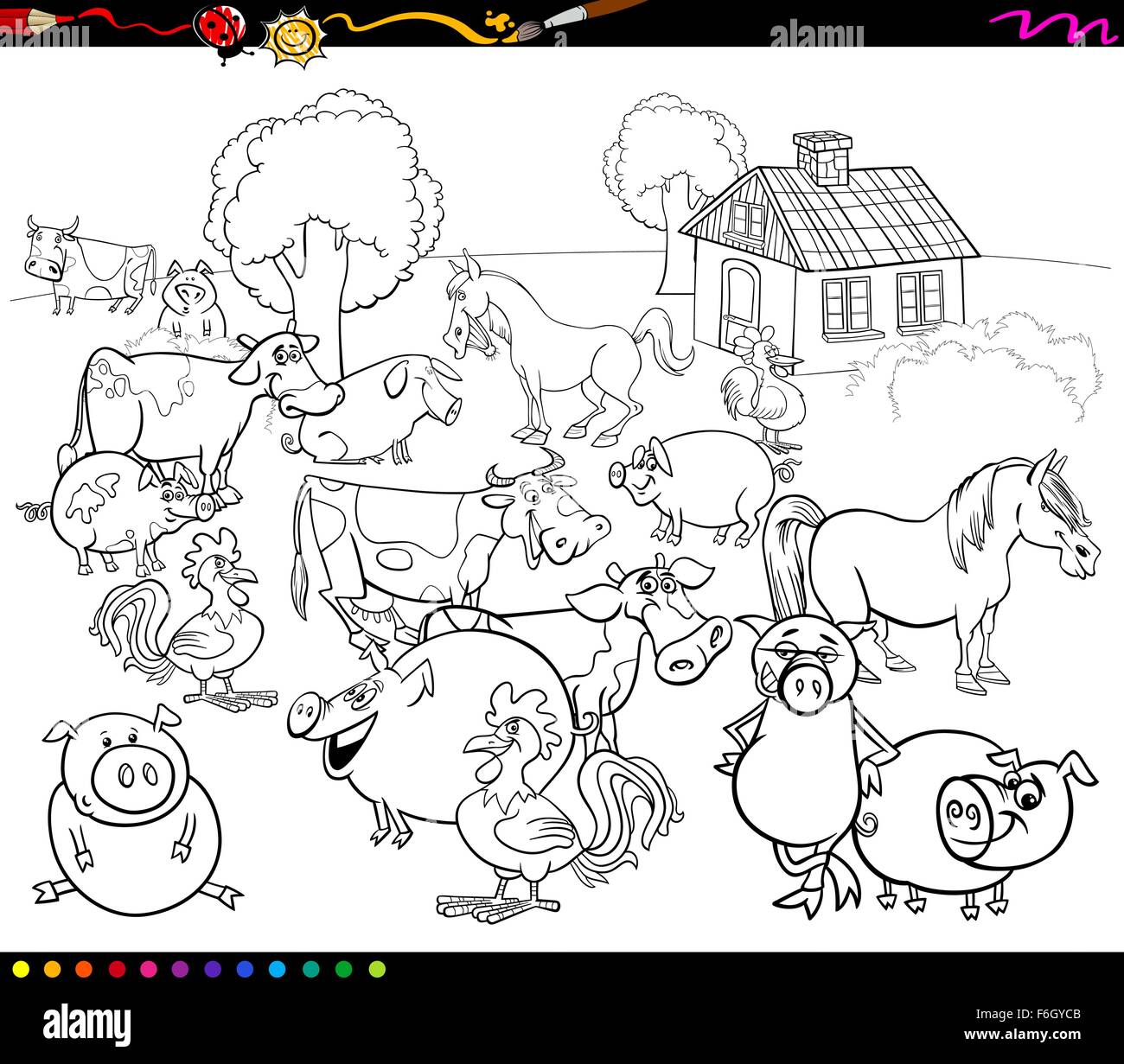 Black and White Cartoon Illustration of Country Scene with Farm Animals ...