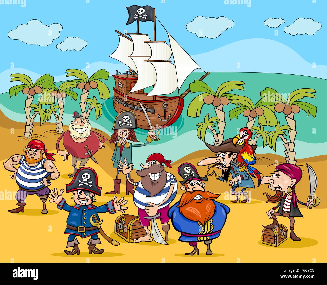 Cartoon Illustrations of Fantasy Pirate Characters on Treasure Island ...