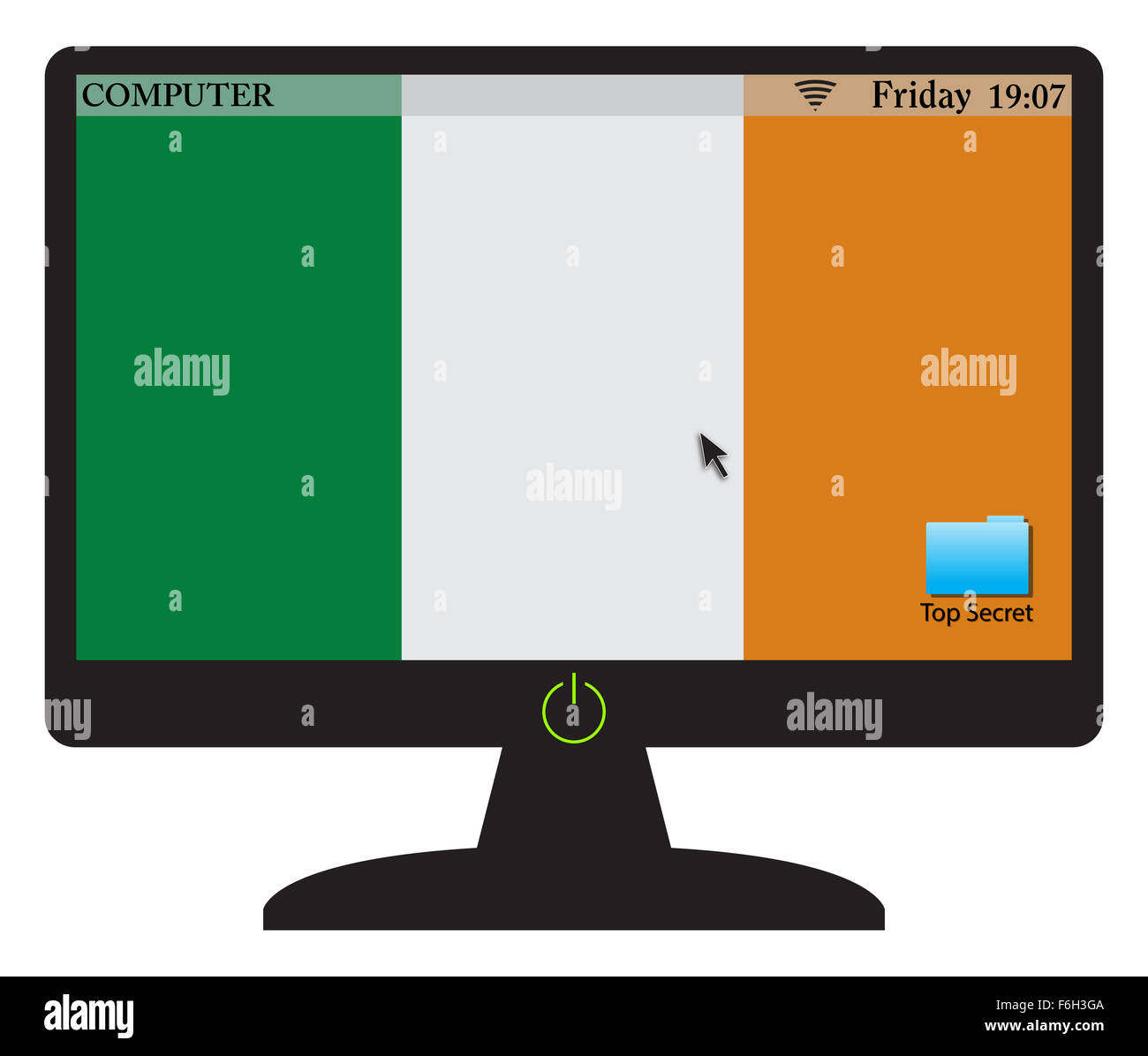 An Ireland computer screen with an on button isolated on a white ...