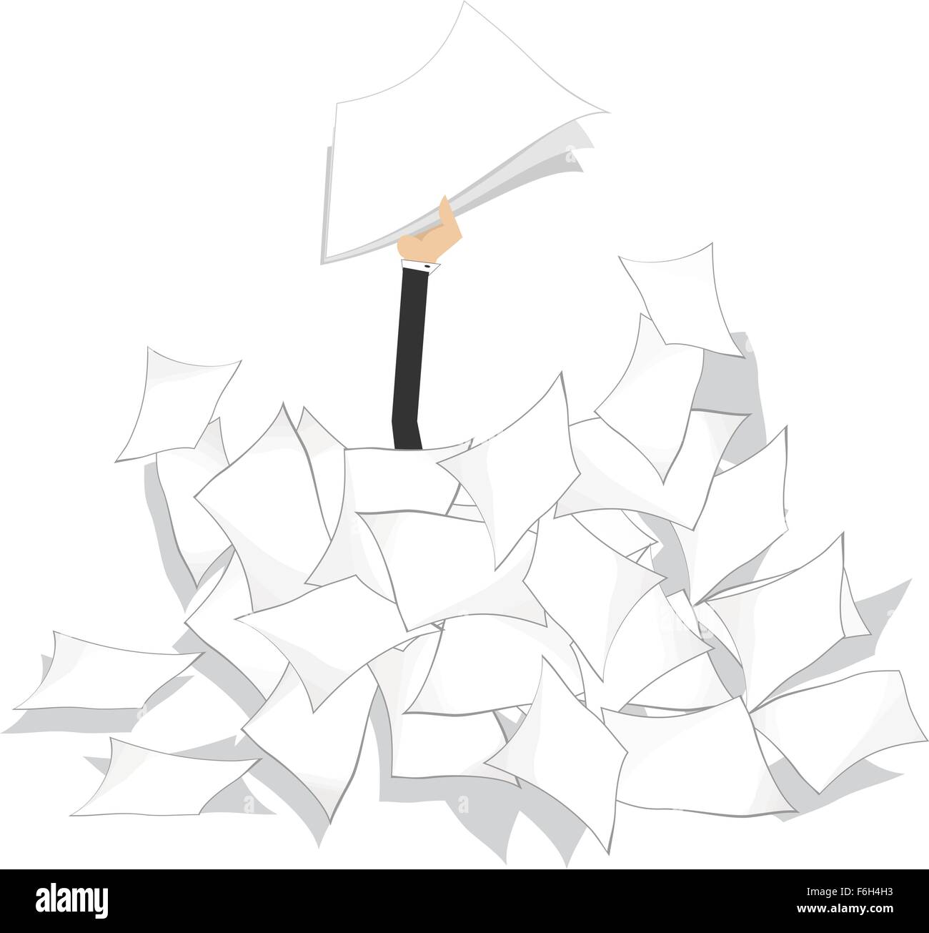 Pile of papers and hand illustration. Hand with papers arises from the ...