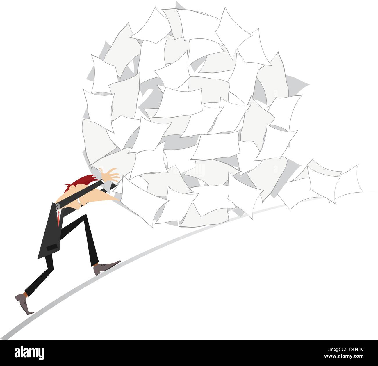 Hard work concept illustration. Businessman rolls up a big ball of ...