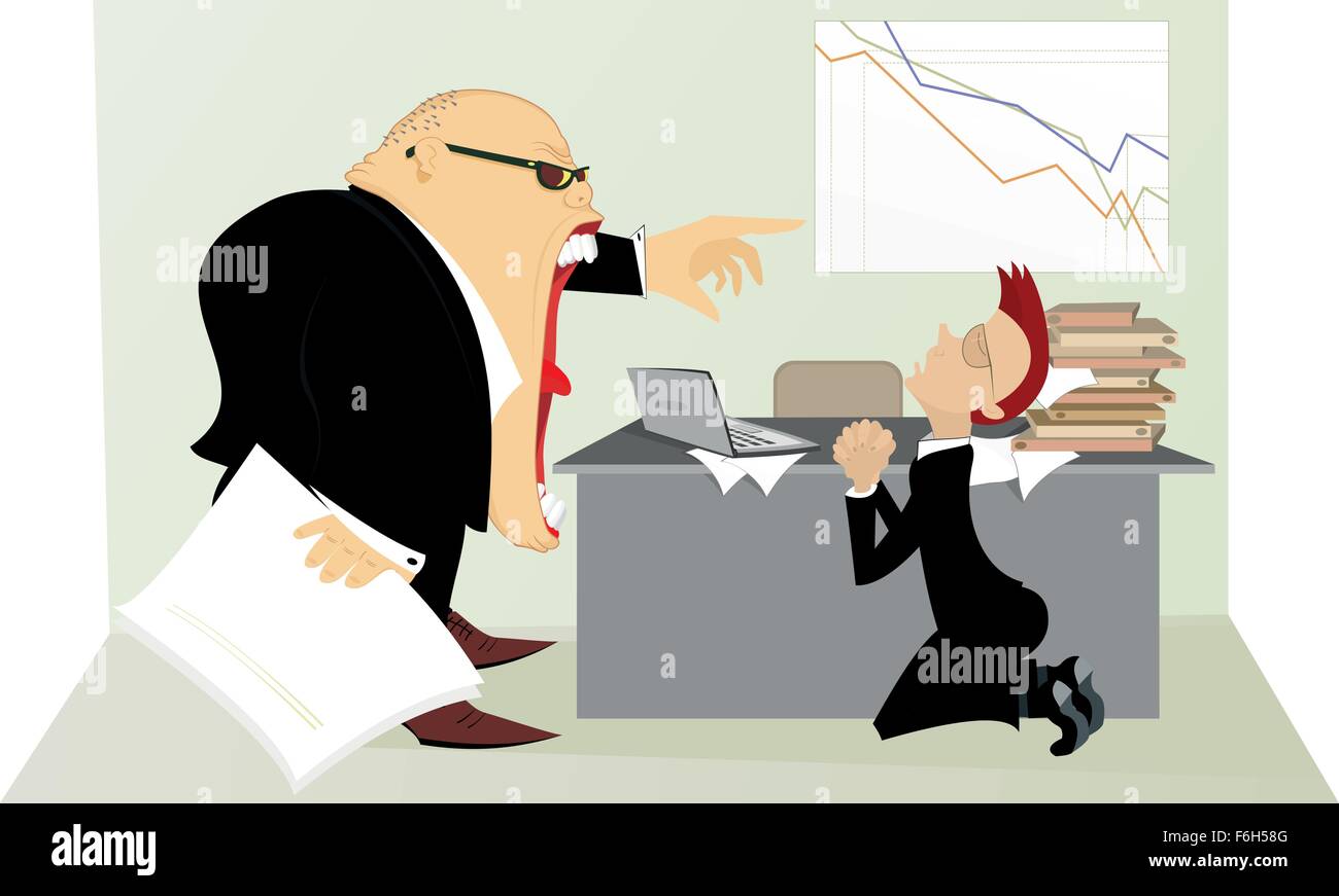Angry boss and employee illustration. Angry chief scolds his employee ...