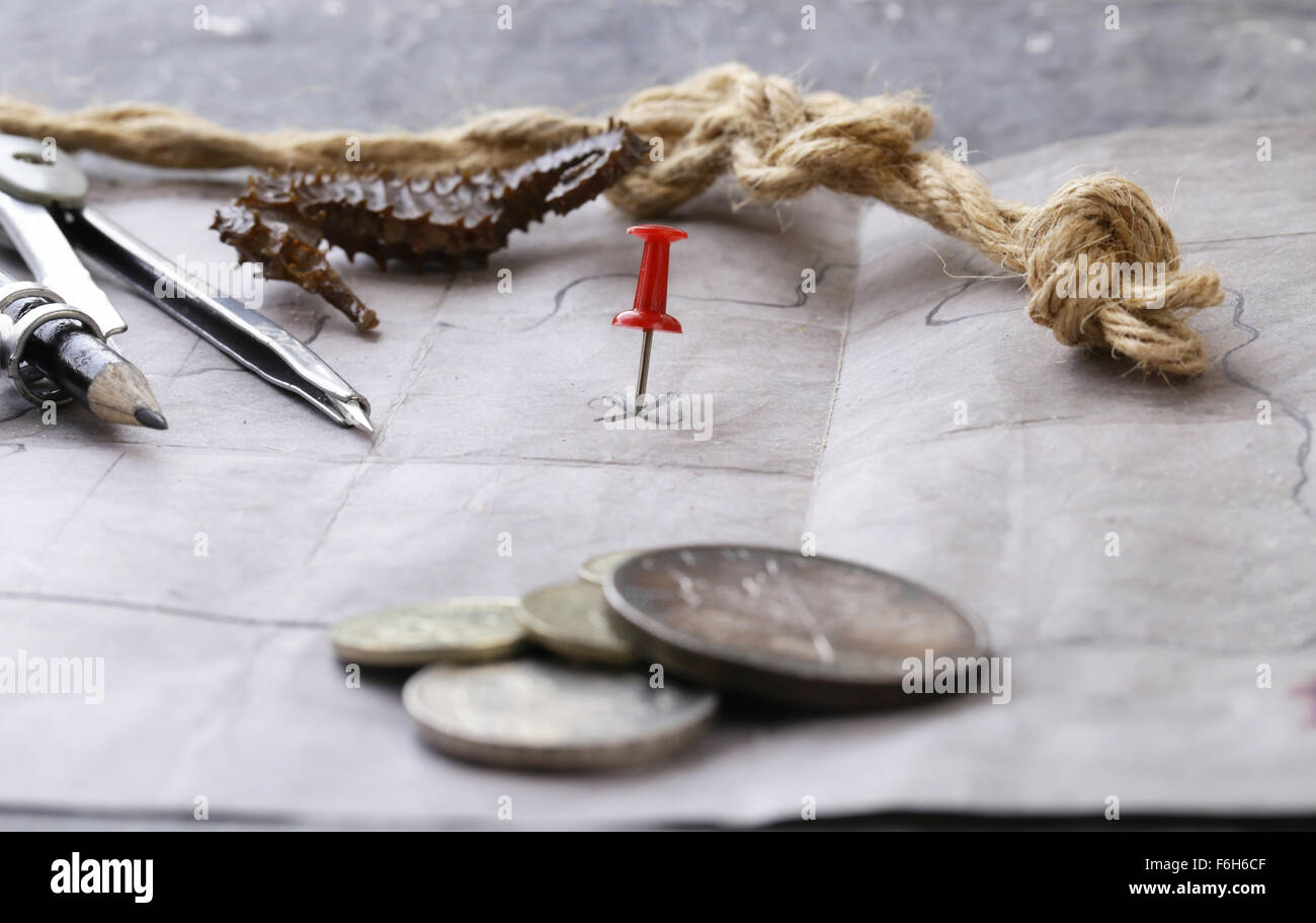 Vintage map and accessories for the treasure hunt and travel Stock ...