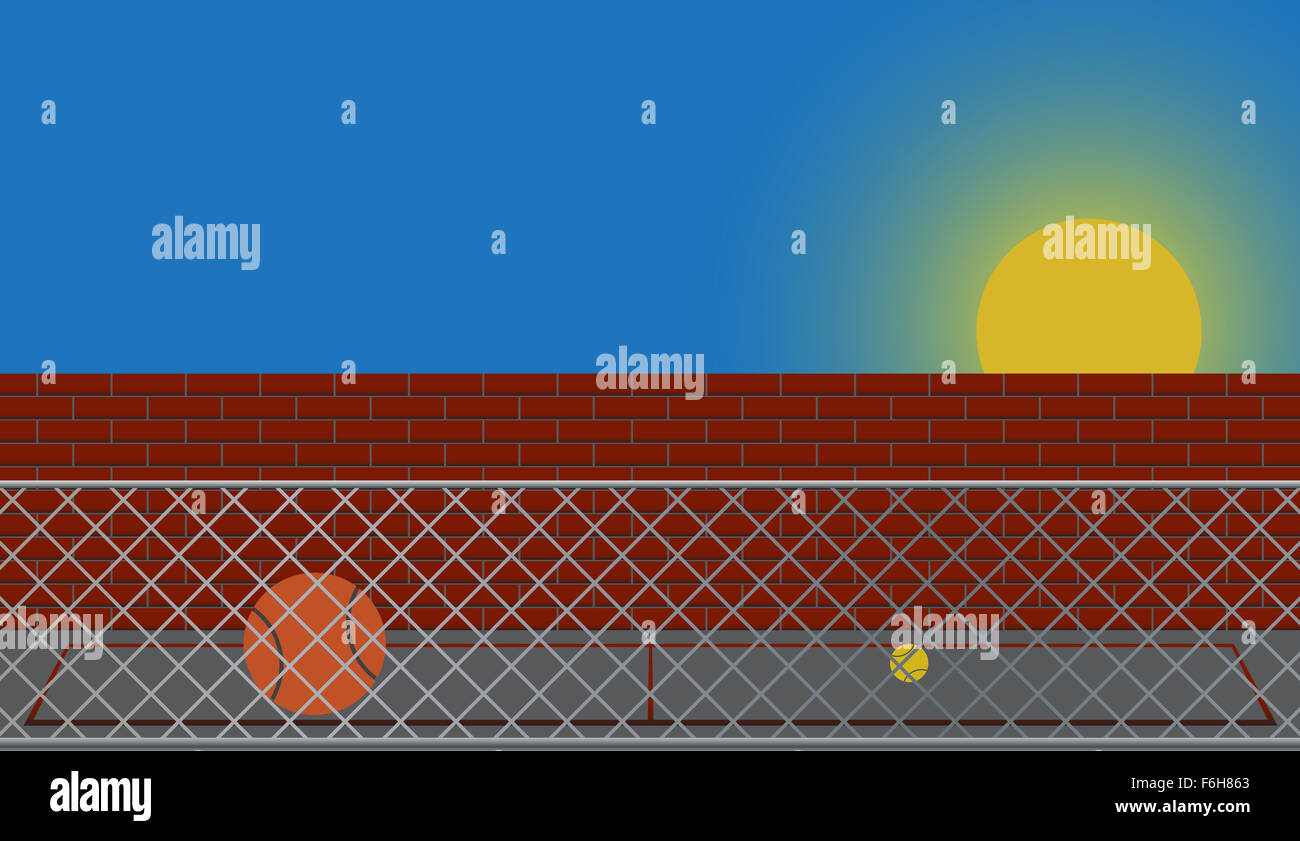 An empty playground at sunset with a wall, fence and balls Stock Photo ...