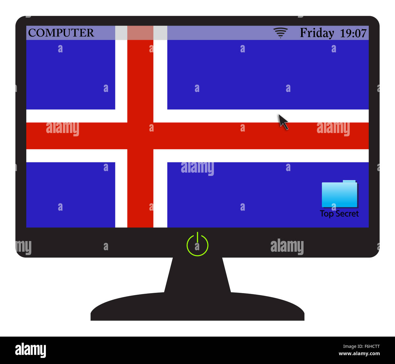 An Iceland computer screen with an on button isolated on a white ...