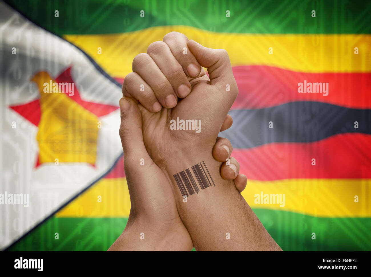 Barcode ID number tattoo on wrist of dark skinned person and national ...