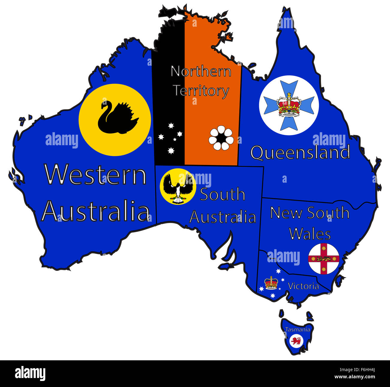 An Australian map outlining the territories and flags isolated on a ...