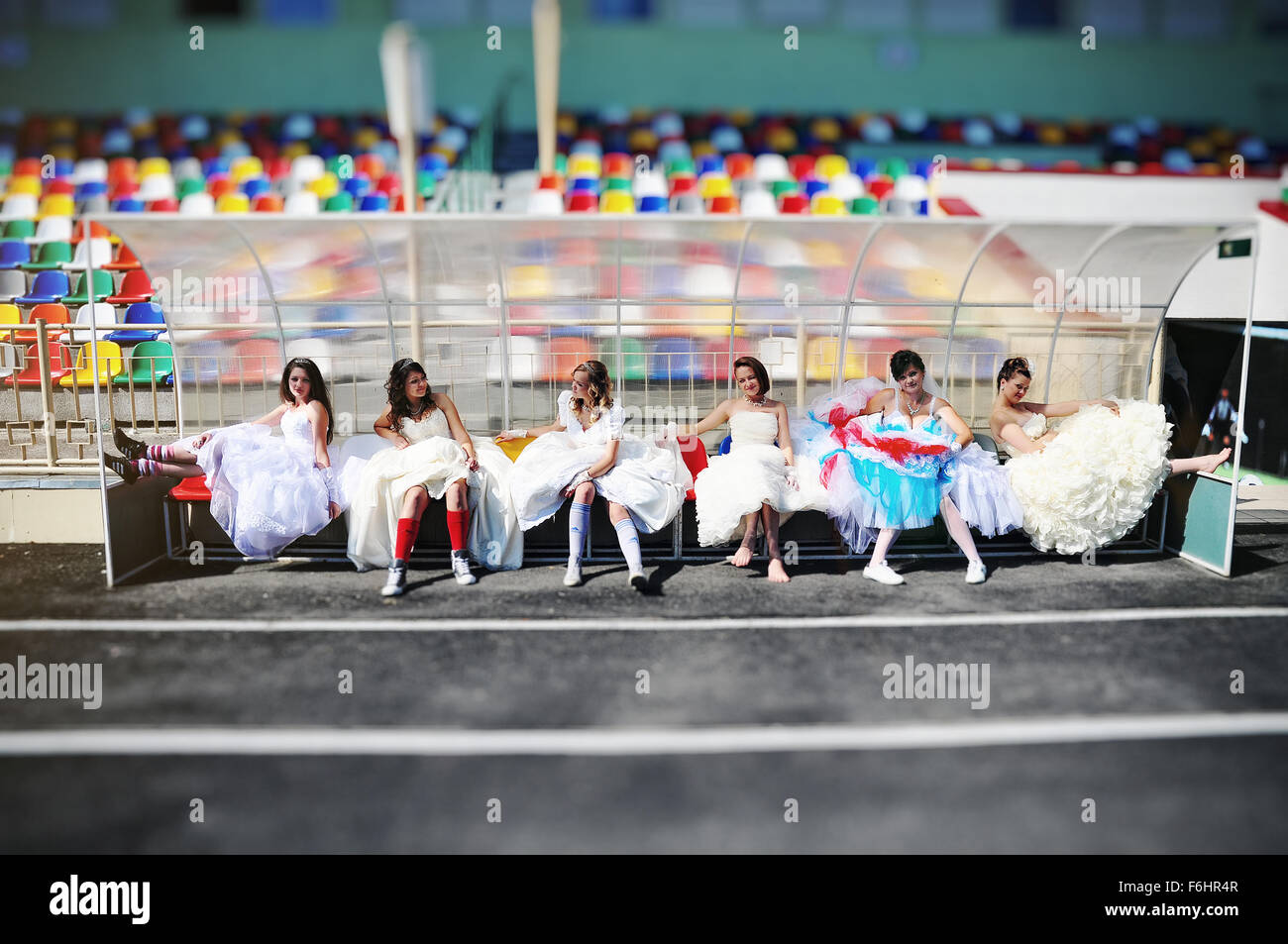 funny brides on the treadmill outdoors on the stadium Stock Photo - Alamy