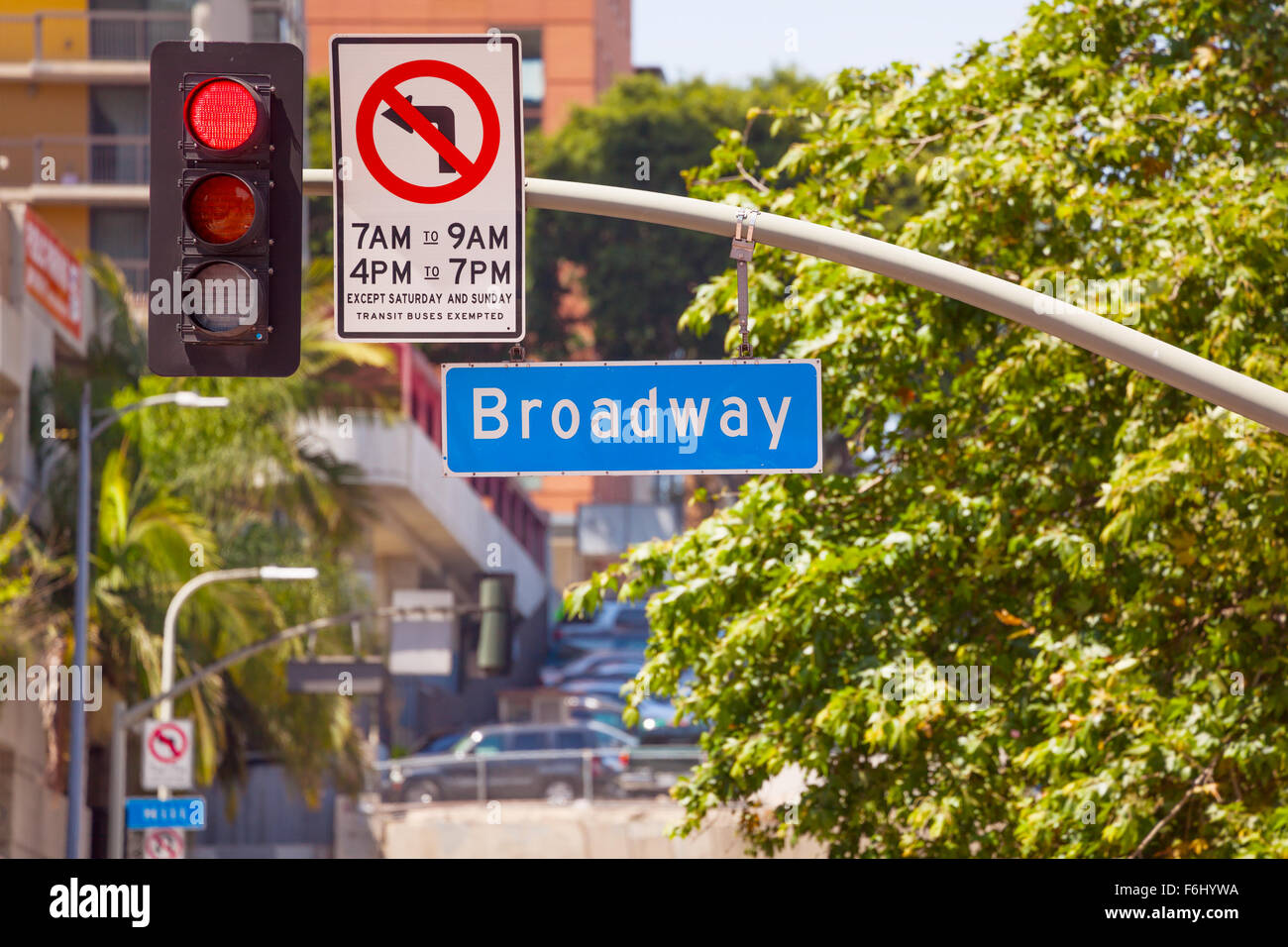Red street light and Broadway sign on Los Angeles Stock Photo - Alamy