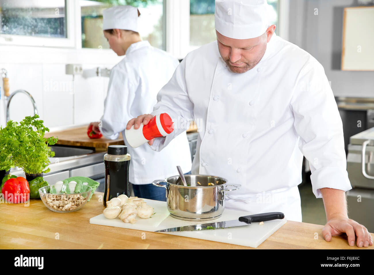 Two professional chefs preparing food in large kitchen Stock Photo - Alamy