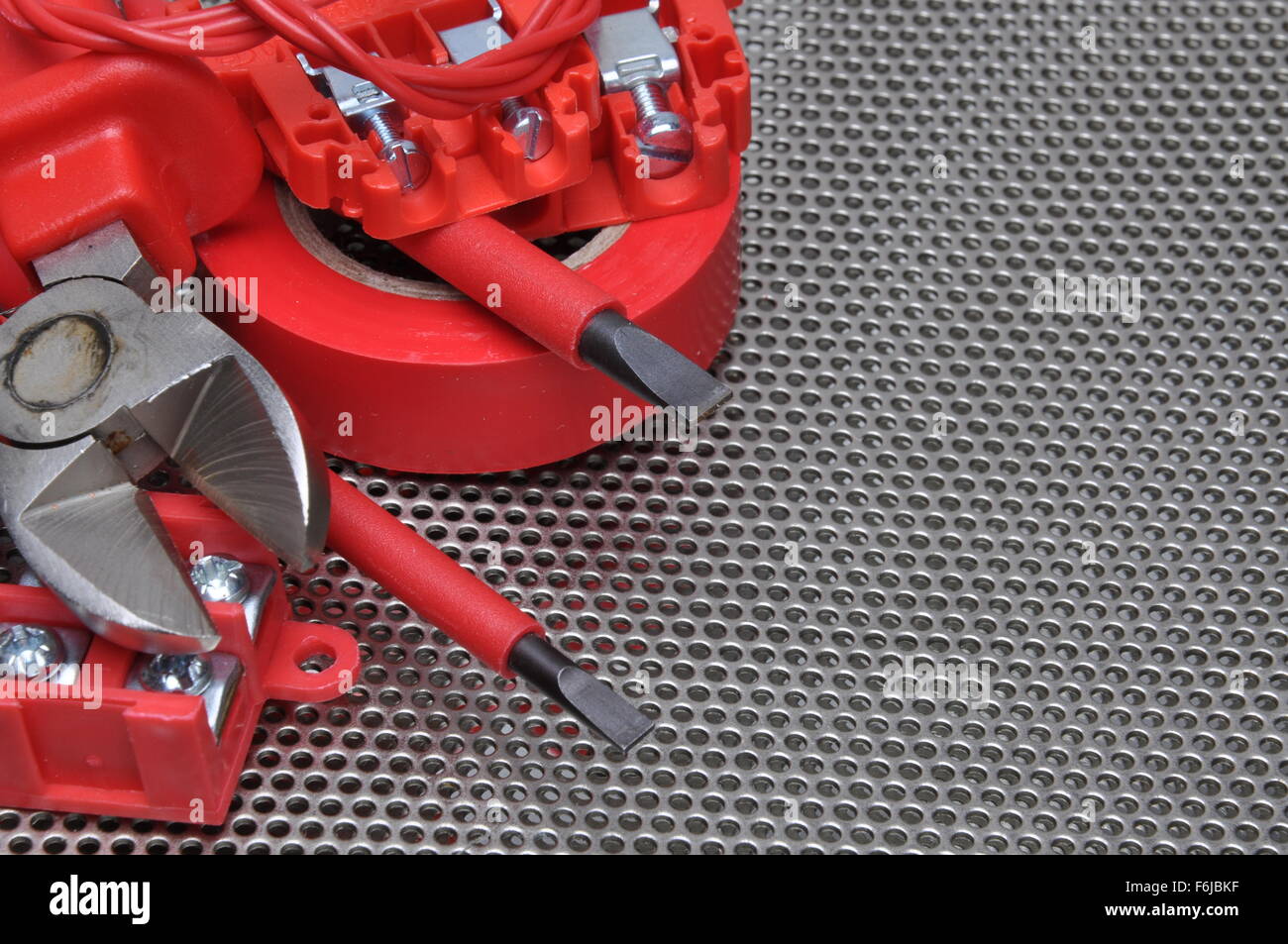 Electrical tools and cables on metal surface Stock Photo - Alamy