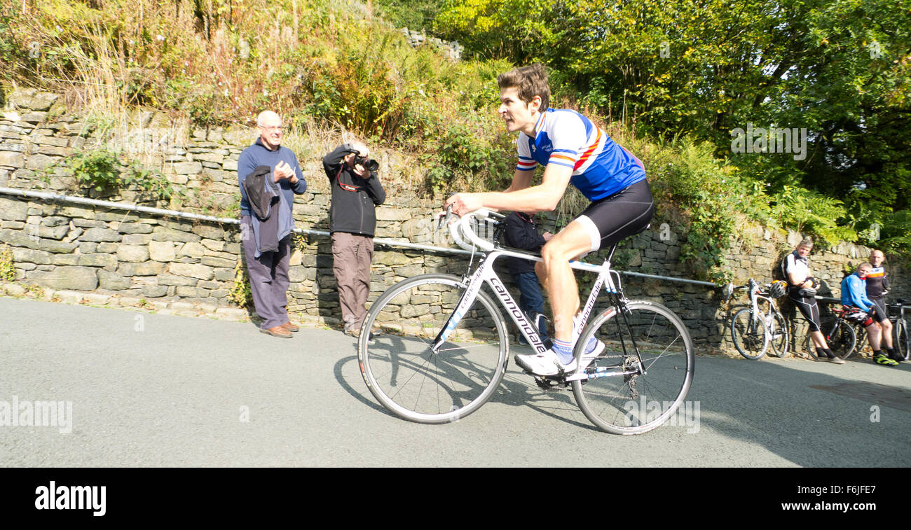 Rider in cycle race on The Rake hill climb, Ramsbottom, Lancashire ...